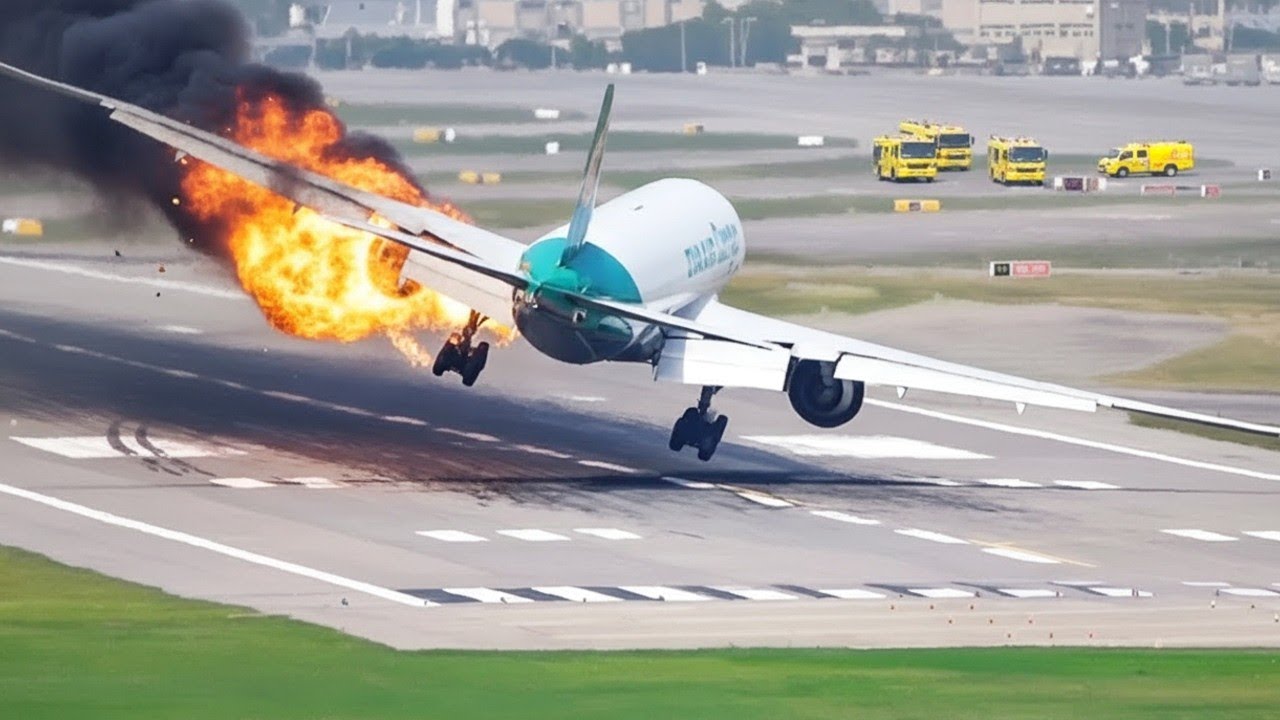 plane engine catches fire after landing - YouTube