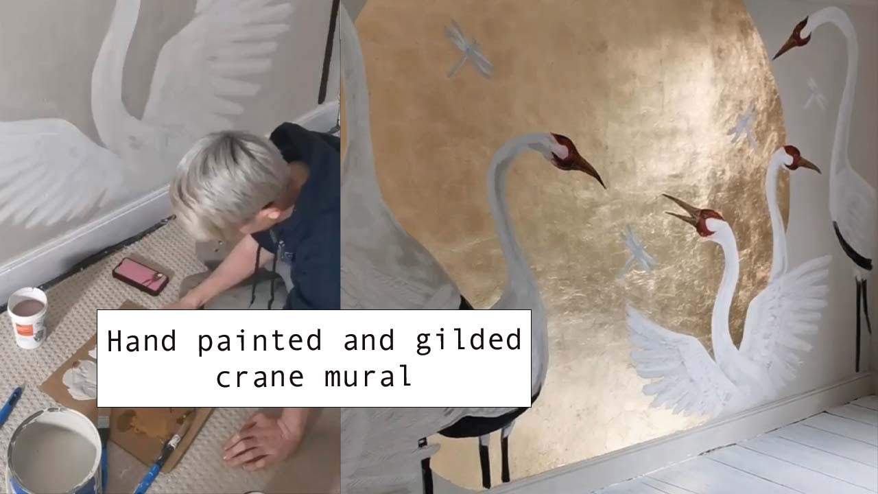 hand painted and gilded crane mural for master bedroom - YouTube