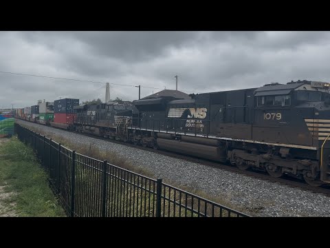 NS 1079 (SD70ACe) leads NS intermodal train with Tanker cars at the end. - YouTube