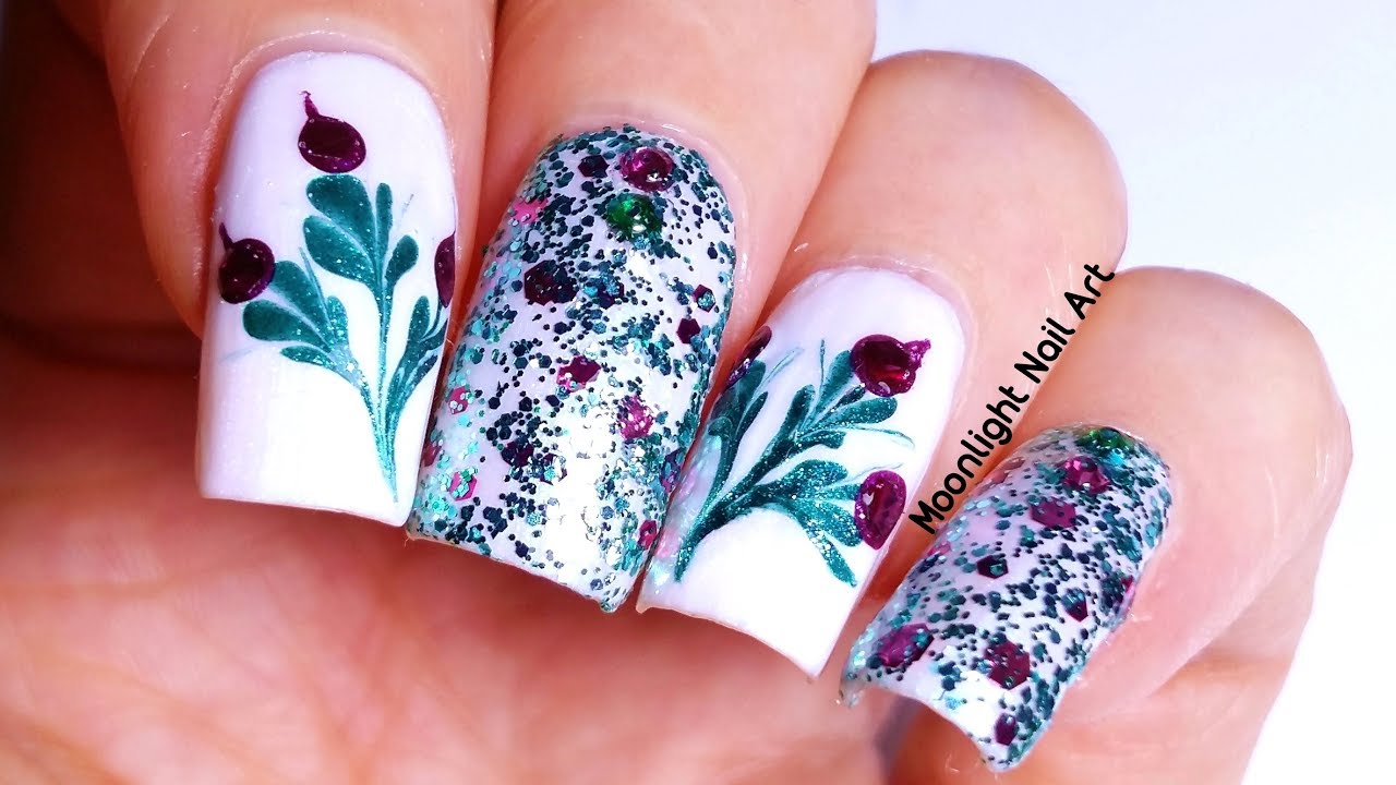 FLORAL DRY DRAG MARBLE NAIL DESIGN TUTORIAL in GREEN & PURPLE - YouTube