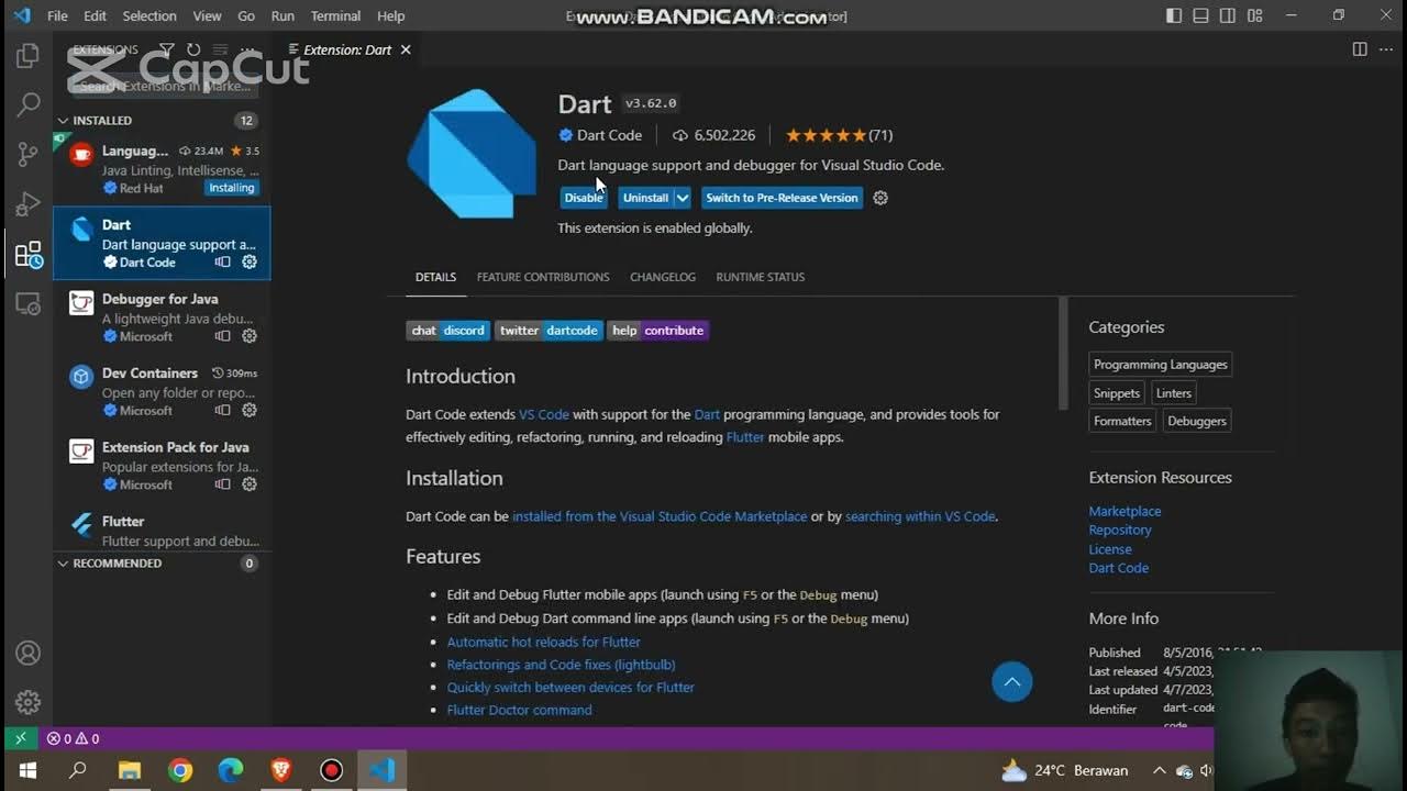 Instalasi plugin flutter pada visual studio code - YouTube