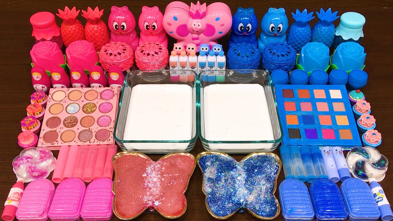 PINK vs BLUE! Mixing Random into GLOSSY Slime ! Satisfying Slime Video ...
