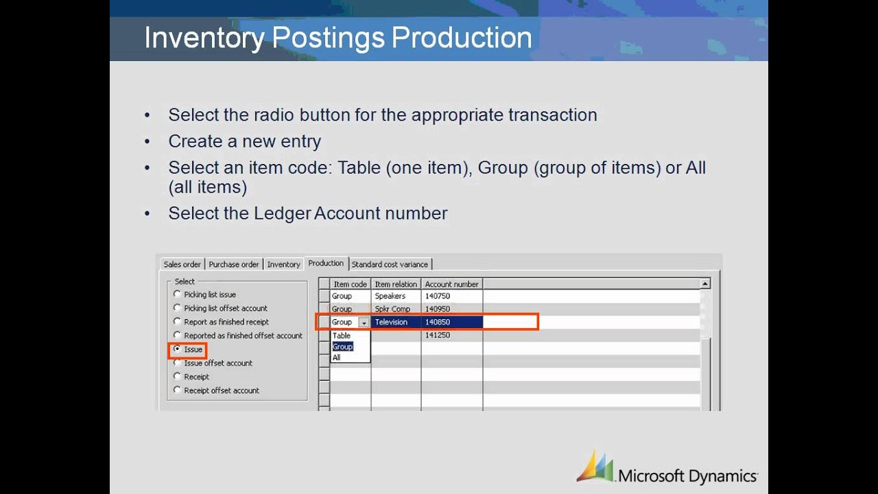 Dynamics AX 2009 Inventory Postings Production Setup - YouTube