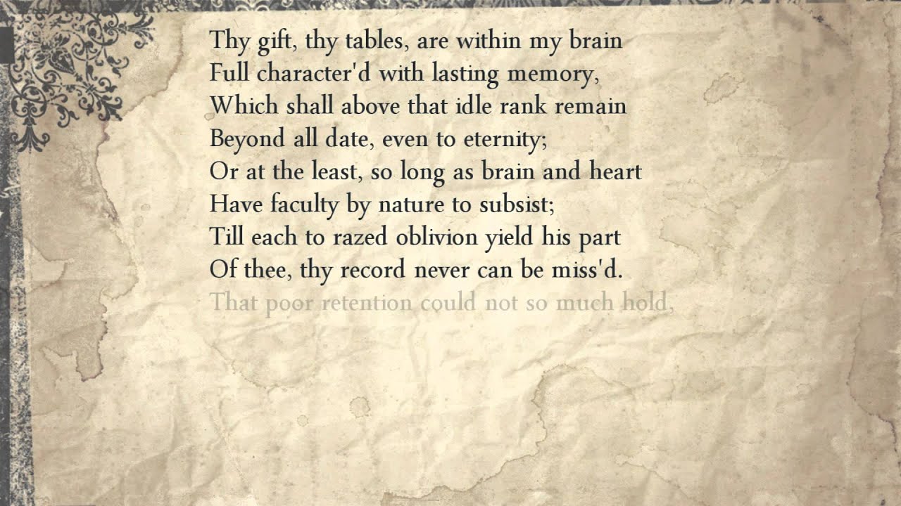 Sonnet 122: Thy gift, thy tables, are within my brain - YouTube
