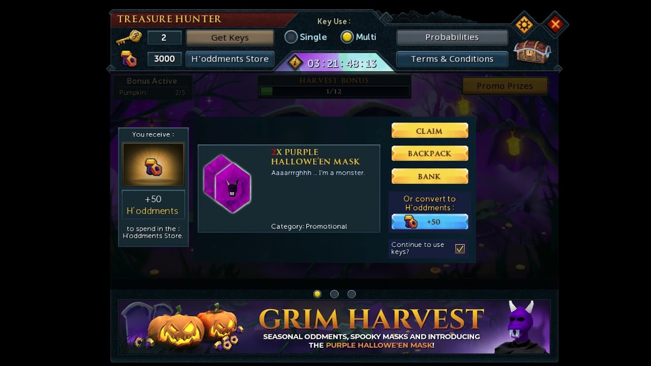 Using 30 Treasure Hunter Keys ($12) - Won Purple Halloween Mask ...