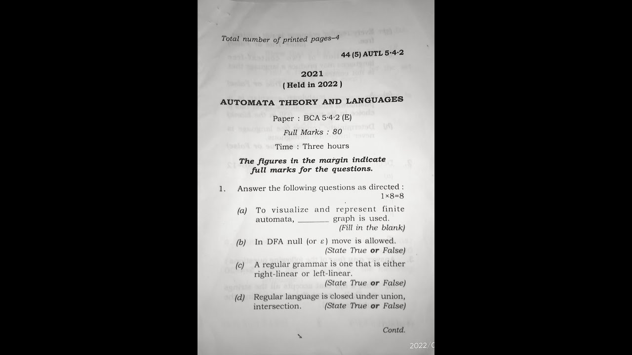 Automata theory and languages 2021 question paper || 2021 BCA question ...