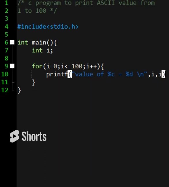 C Program To Print Ascii Code From 1 To 100 C Programming Shorts 2726