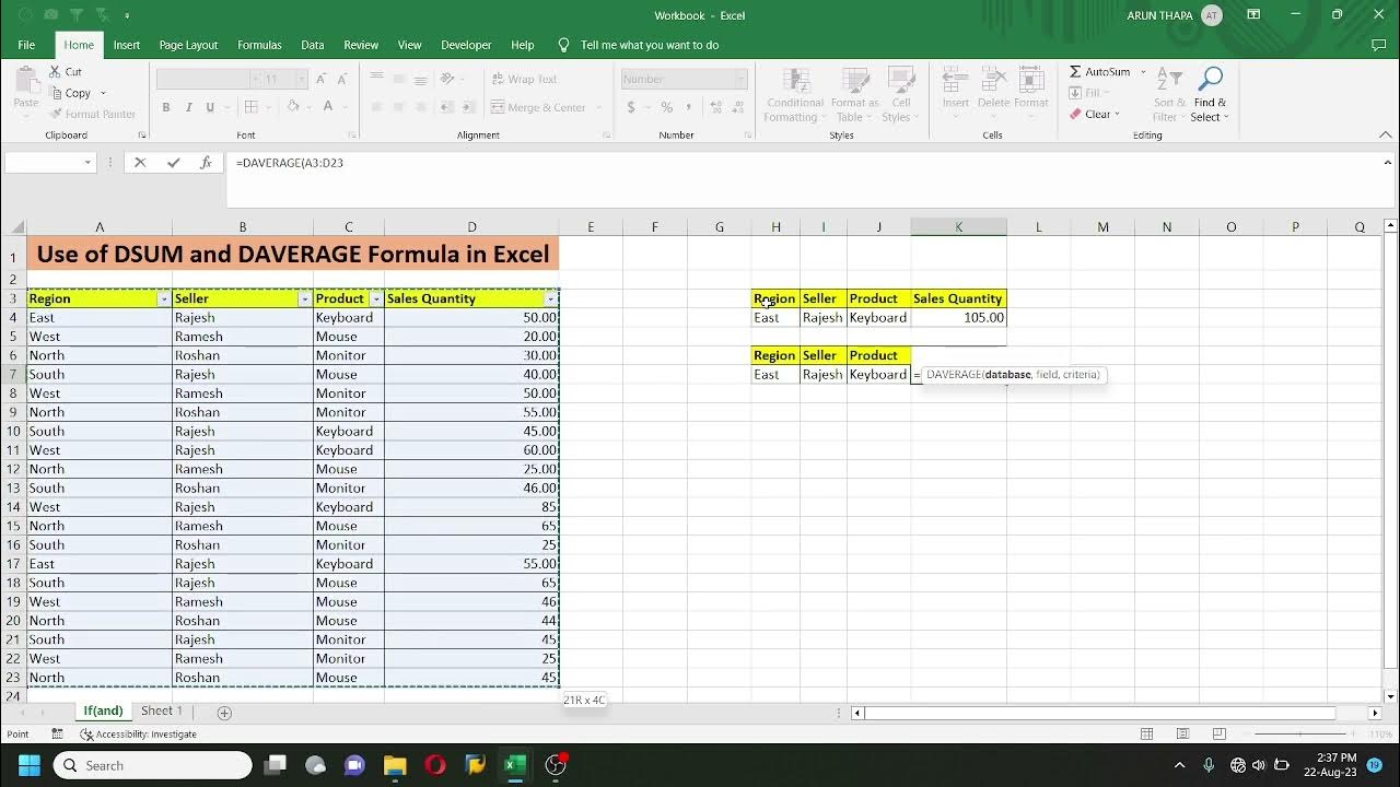 Dsum And Daverage Formula In Excel Youtube