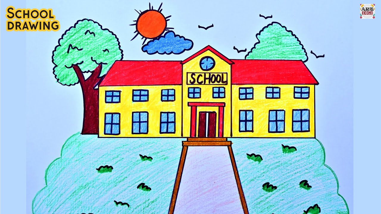 How to draw My School | Beautiful School drawing for kids #school - YouTube