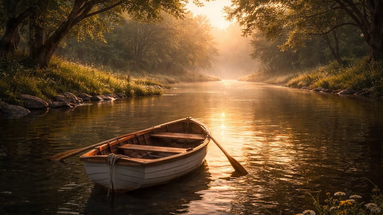 little rowboat crossing a calm river - YouTube
