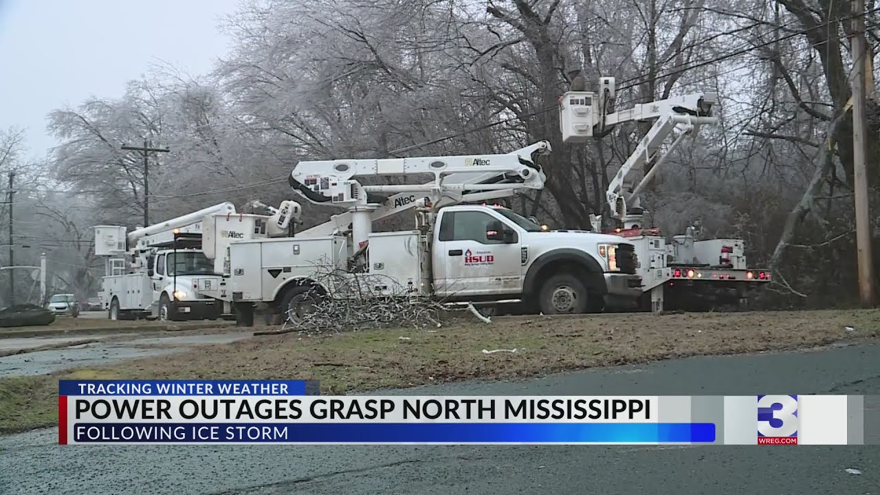 Power outages grasp north Mississippi after ice storm - YouTube