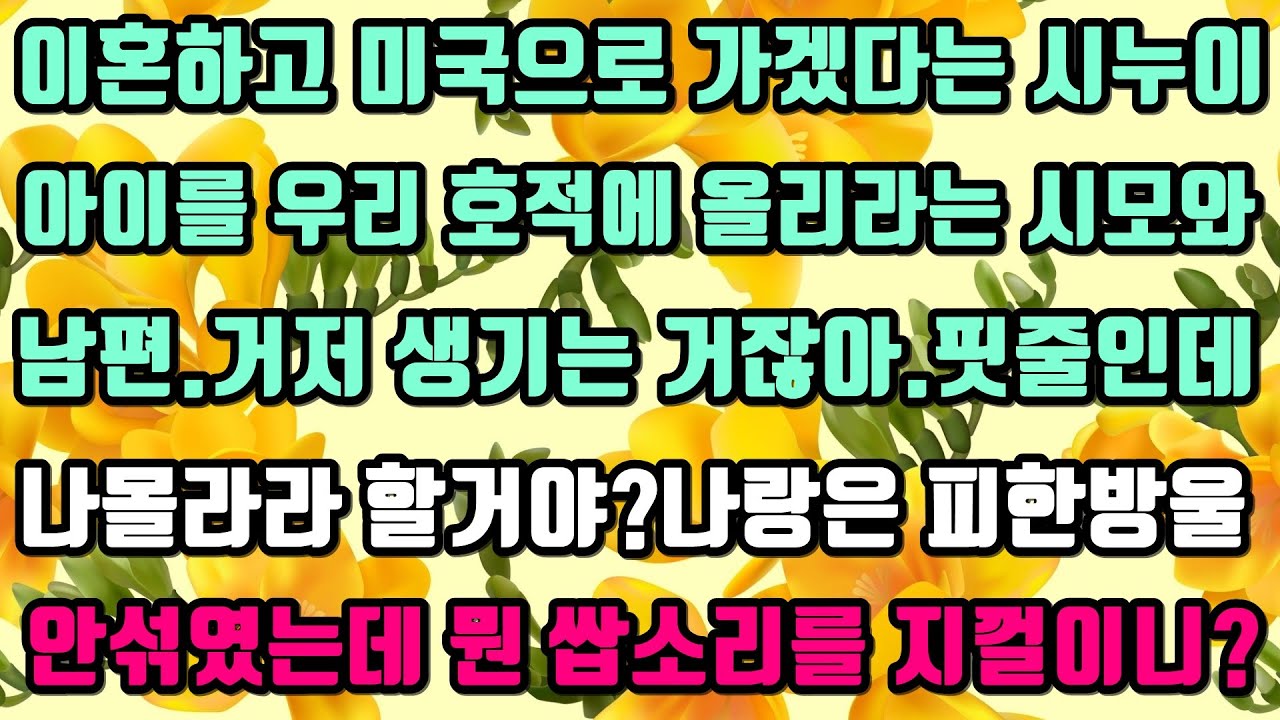 카카오실화사연 이혼하고 미국으로 가겠다는 시누아이를 우리 호적에 올리라는 시모와 남편거저 생기는 거잖아핏줄인데 나몰라라 할거야나랑은 피한방울안섞였는데 뭔 쌉소리를