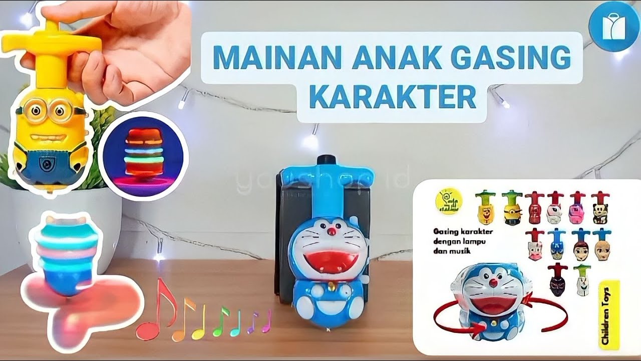 MAINAN ANAK GASING KARAKTER KARTUN LAMPU DAN MUSIK - YOUSHOP.ID - YouTube