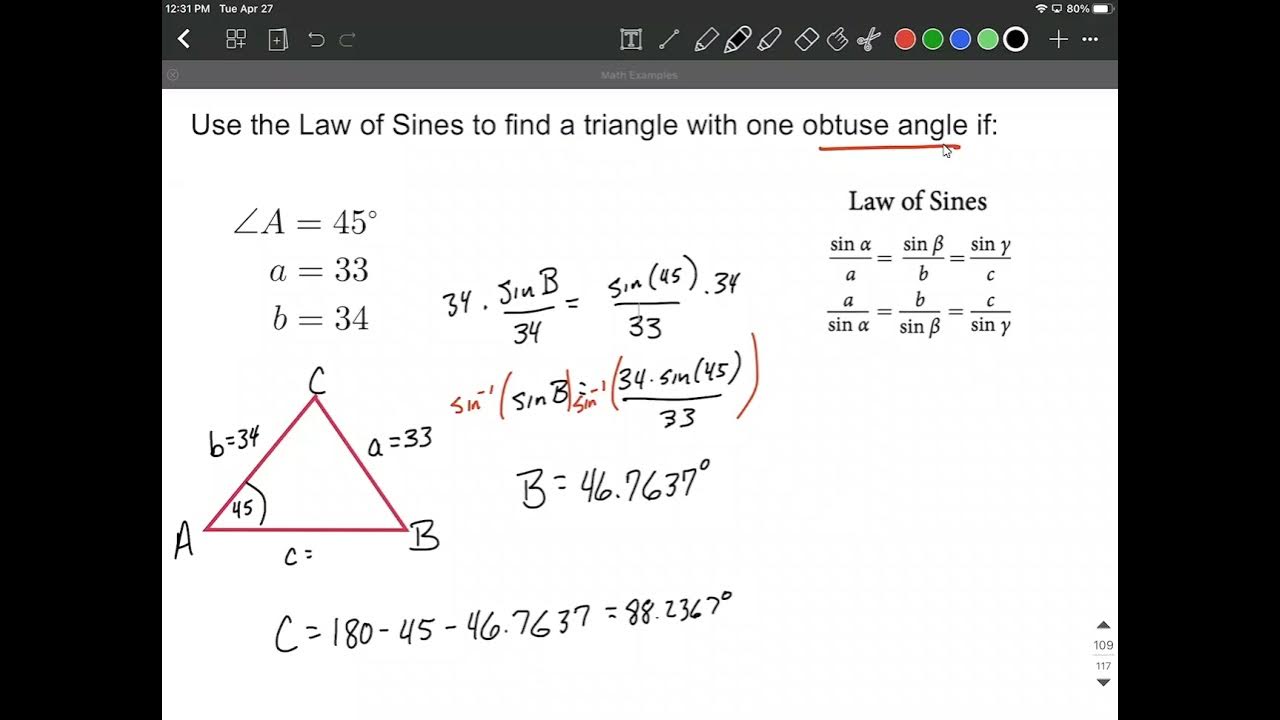 Law of Sines used to solve triangle that has an obtuse angle SSA ambiguous case - YouTube