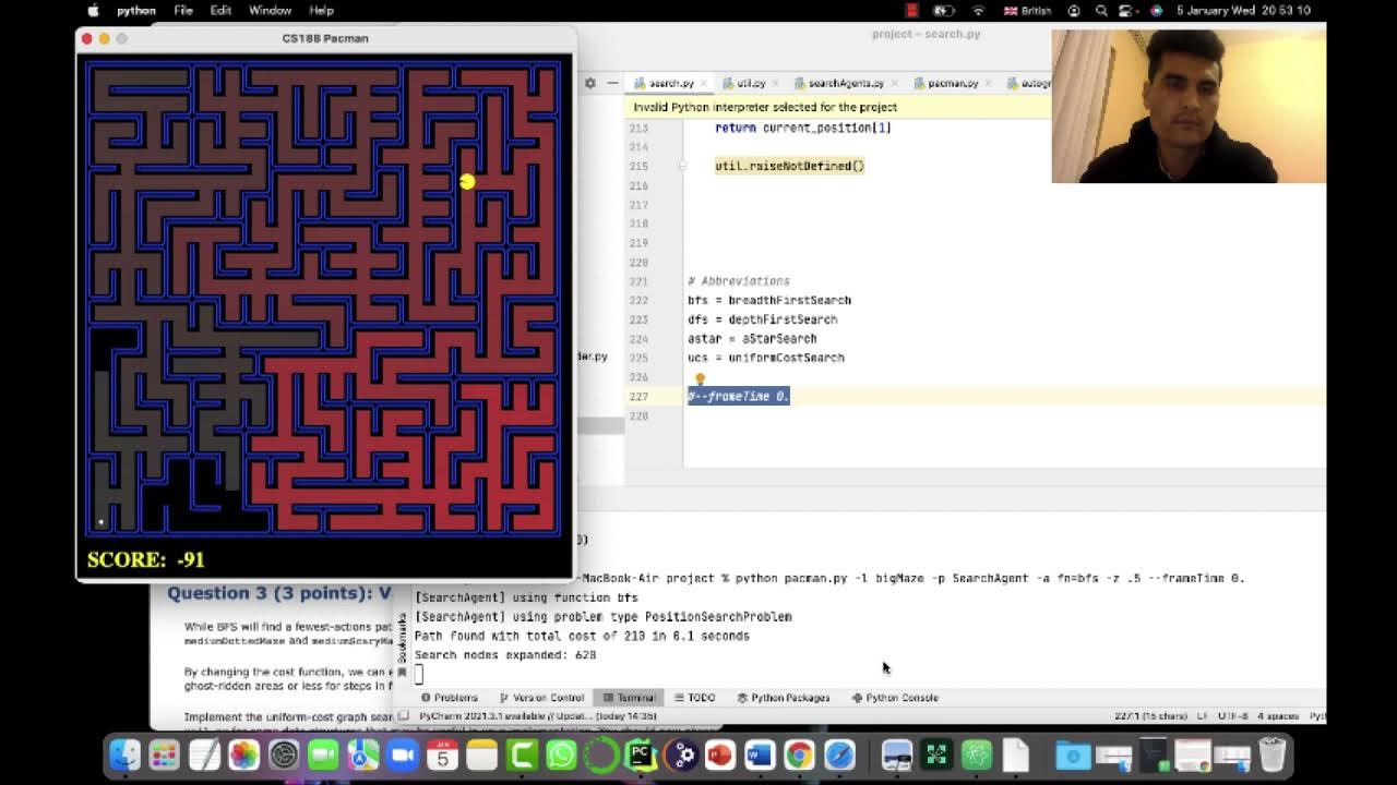 Final Project Pacman Search(BFS,DFS,AStar,UCS) Berkeley university project1 search - YouTube