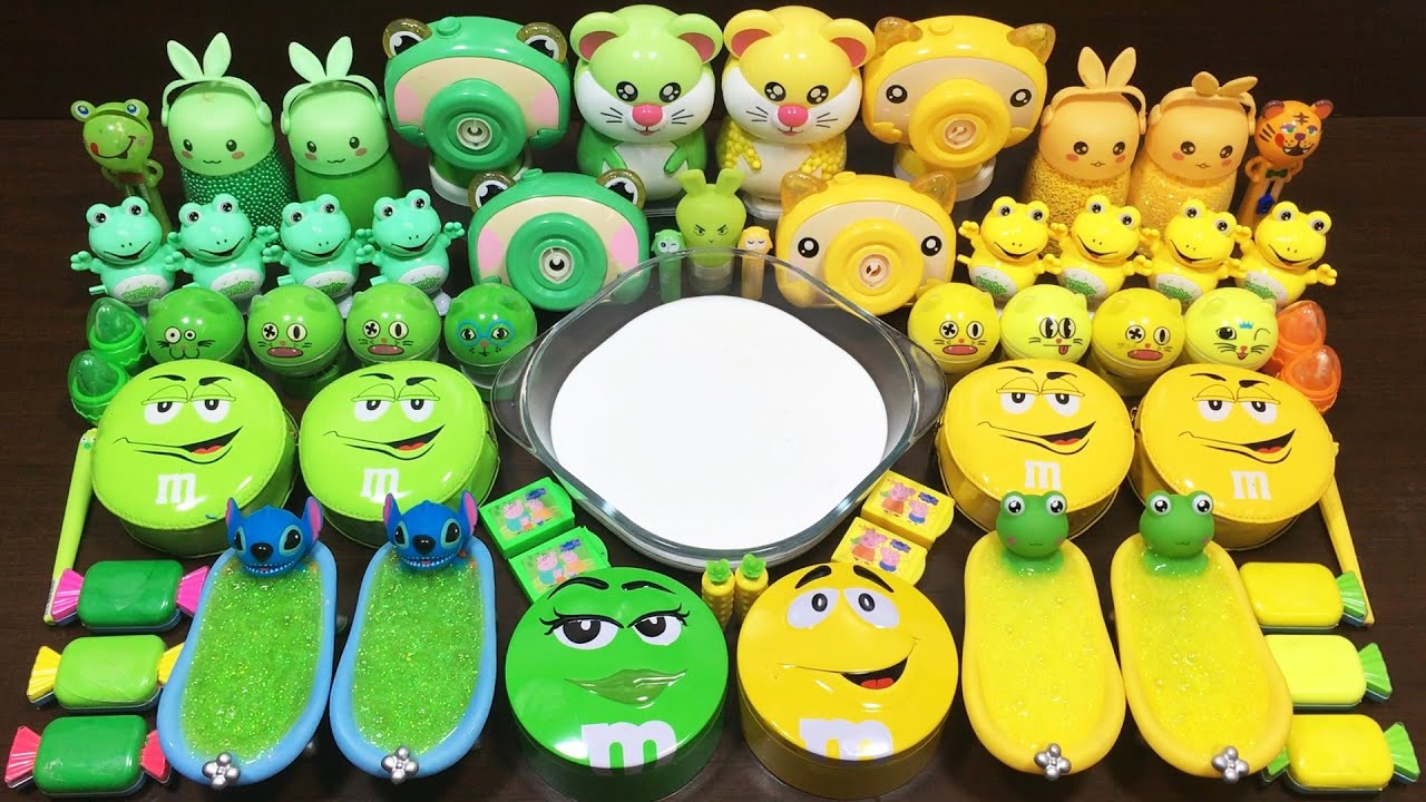 Yellow vs Green Slime | Mixing Glitter and Floam into Slime ...