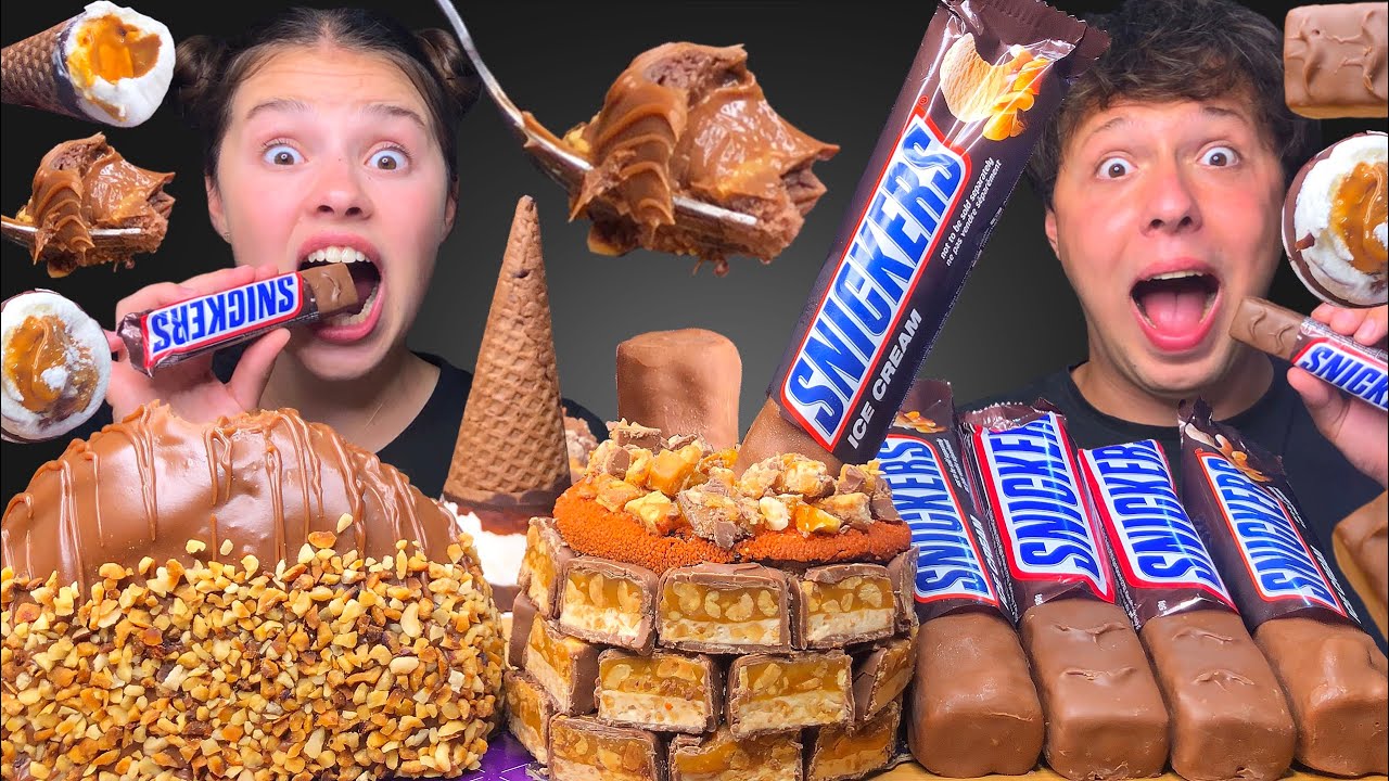 ASMR SNICKERS PARTY! SNICKERS CHOCOLATE CAKE, ICE CREAM MUKABG EATING ...
