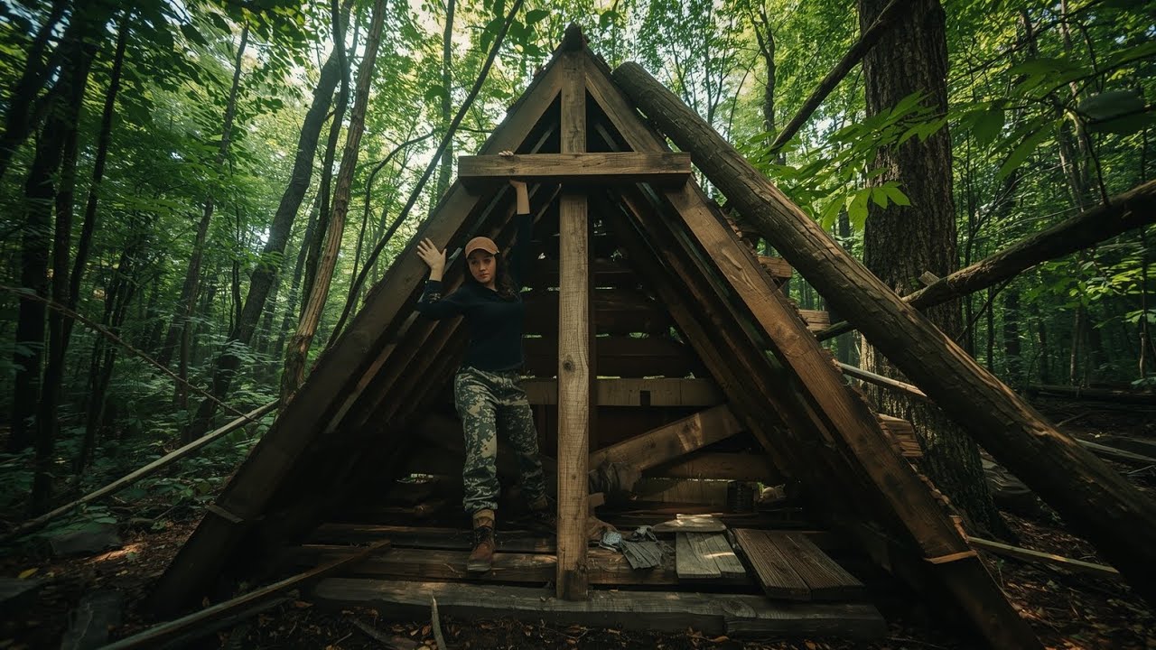 Building a Wooden Forest Hut Alone | Survival Cabin Construction in the ...