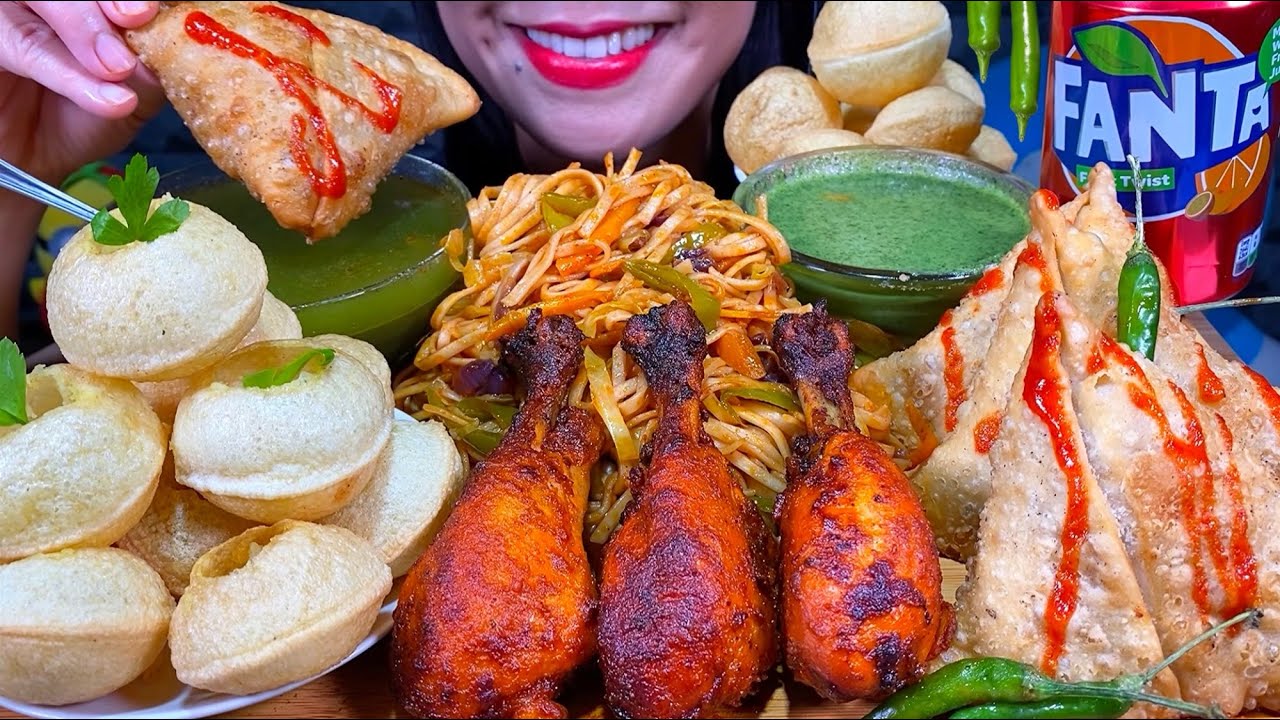 Asmr Chicken Tikka Pani Puri Spicy Samosa Chowmein Noodles Mukbang Massive Eating Sounds