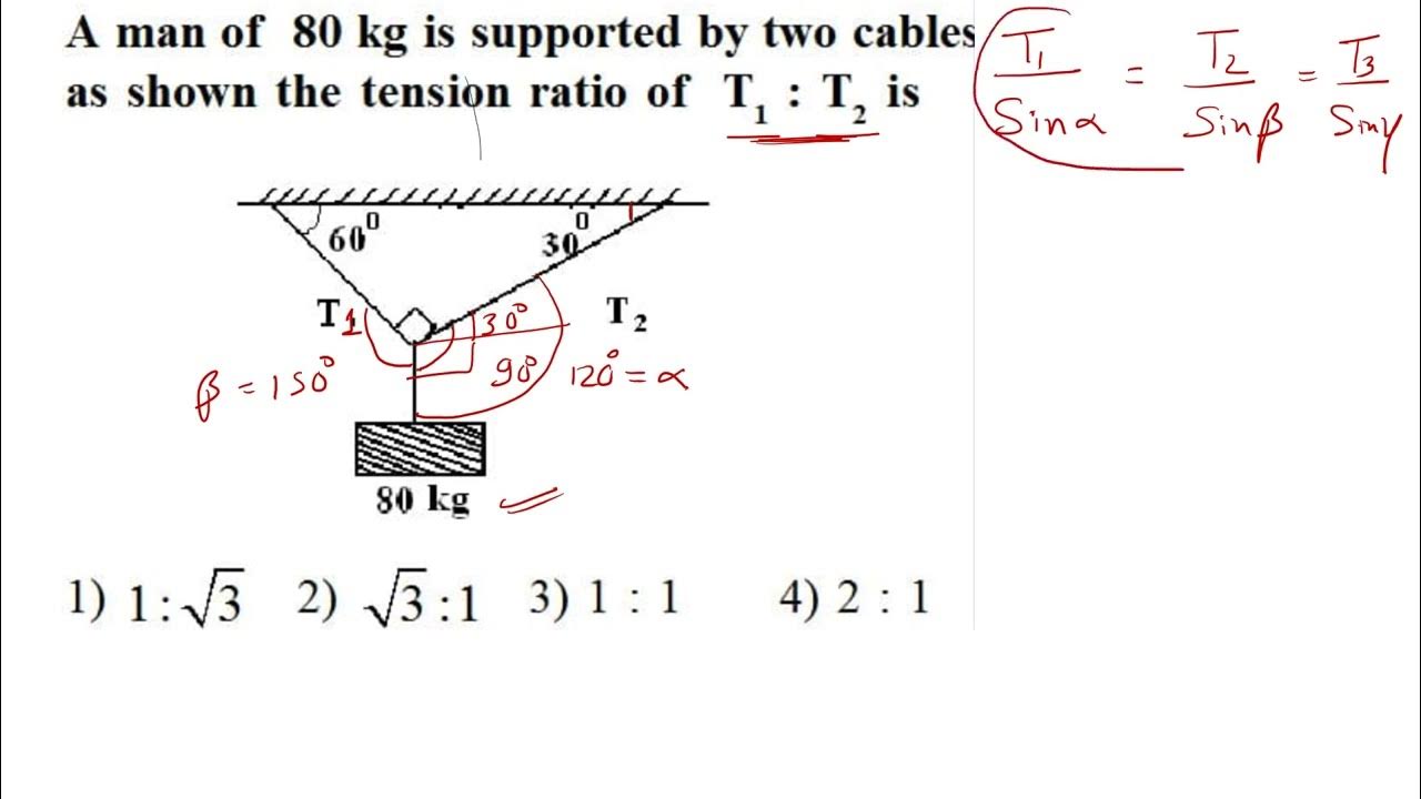 A man of 80kg is supported by two cables as shown then tension in ratio of T1:T2 is - YouTube
