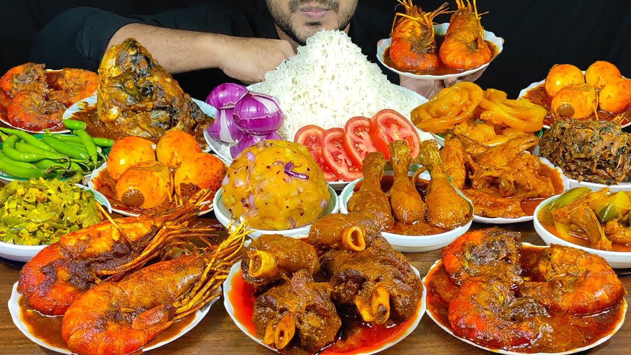 EATING BIG PRAWN MASALA+MUTTON ROGAN JOSH+CHICKEN CURRY+FISH HEAD+EGG ...