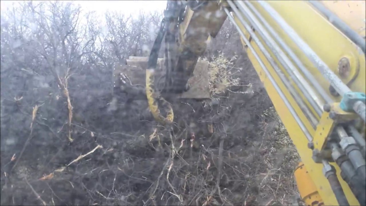 Cab view of tree trimming with mastication attachment on Menzi Muck ...