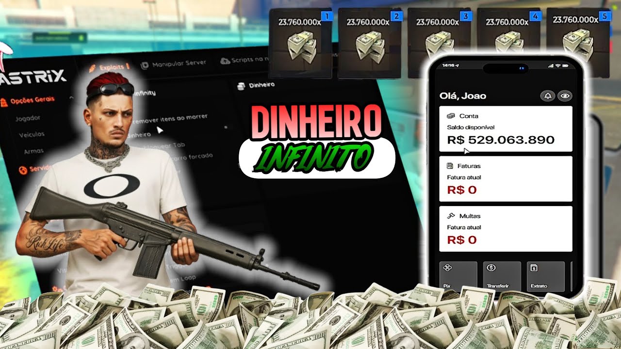 PUXEI DINHEIRO INFINITO USANDO HACK NO GTA RP FIVEM - ASTRIX MENU - YouTube