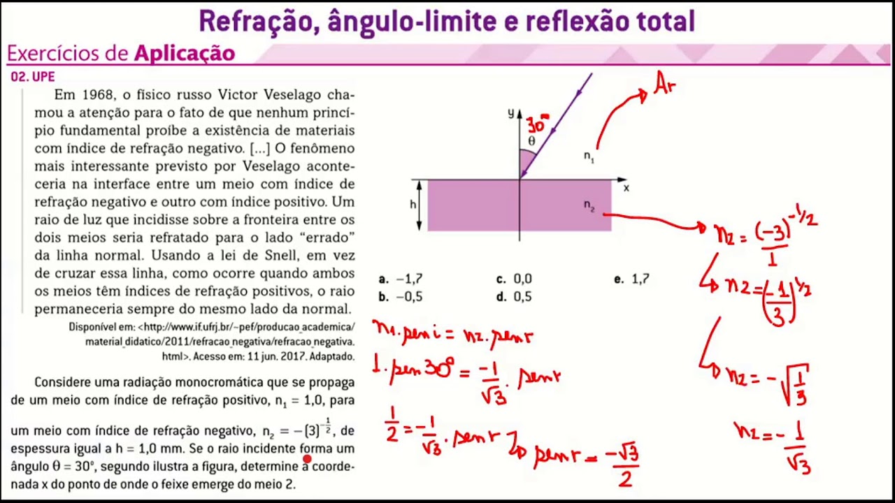 EXERCÍCIOS: REFRAÇÃO, ÂNGULO LIMITE E REFLEXÃO TOTAL - YouTube