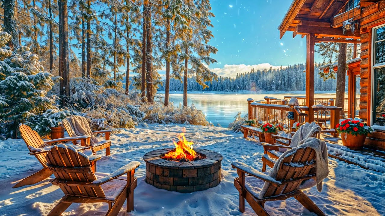 Snowy Winter Escape: Cozy Lakeside Cabin with Calming Snowfall ...
