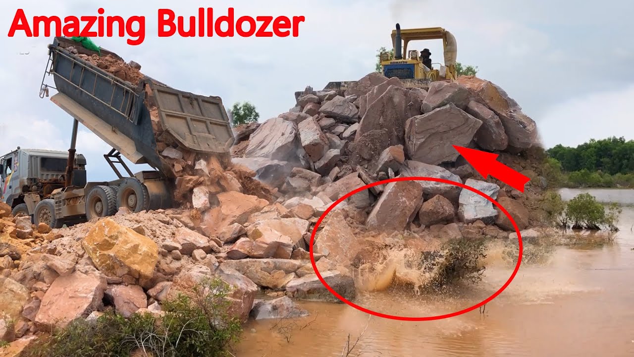 Filling up land huge, Excellent Strong Bulldozer Move Big Rock Stone ...