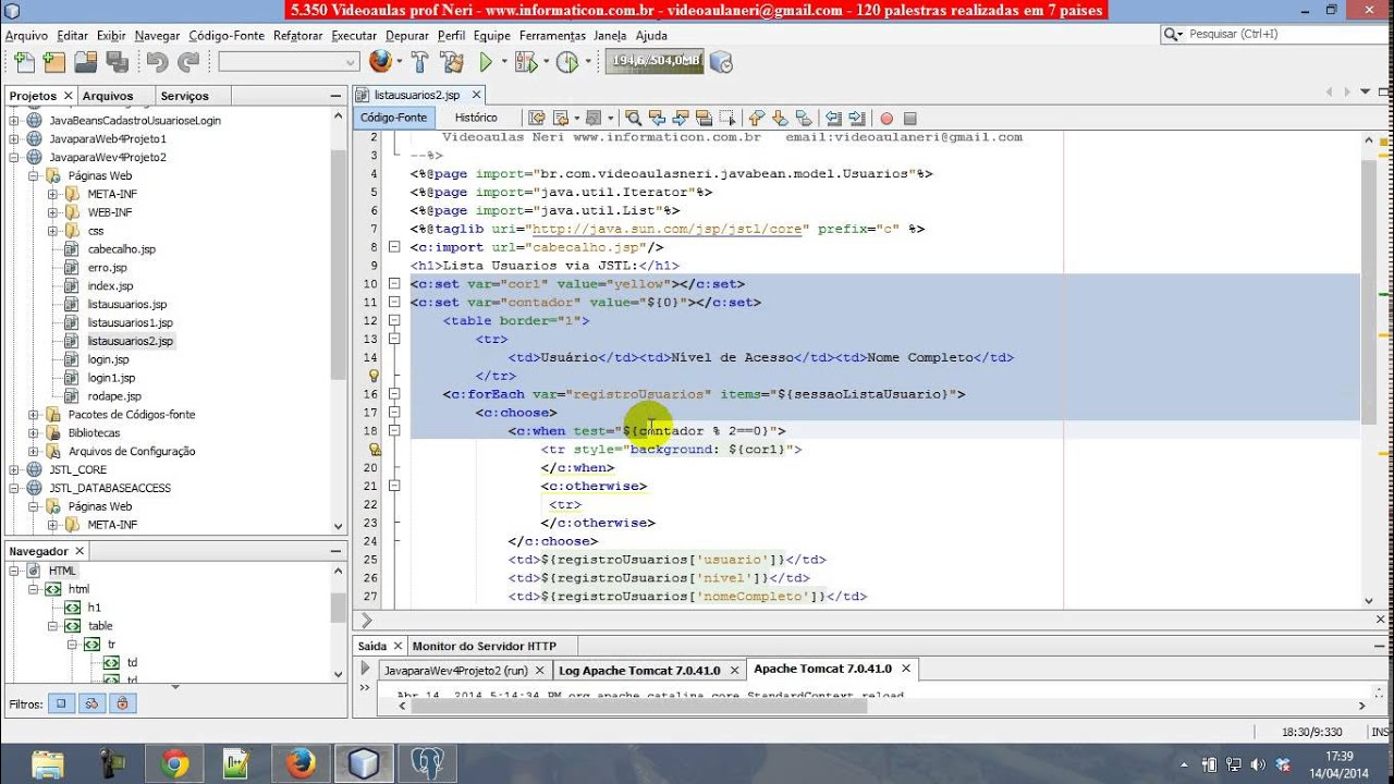 aula 5385 java para web 4 View JSP JSTL e Custom Tags forEach para listar os Usuarios do banco ...