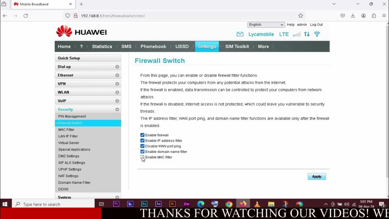 How To Enable domain name filter/Mac filter/WAN Port Ping/ IP address/firewall in Huawei Wifi ...