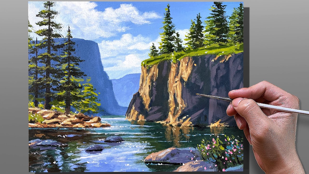 Landscape Acrylic Painting / Morning River / Correa Art - YouTube