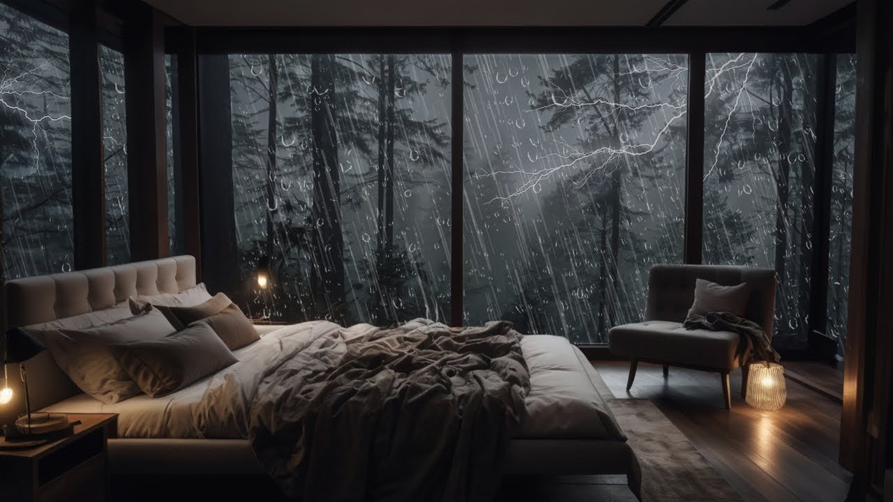 10 Hours Relaxing Sleep Sound with Rain Falling Outside the Warm ...