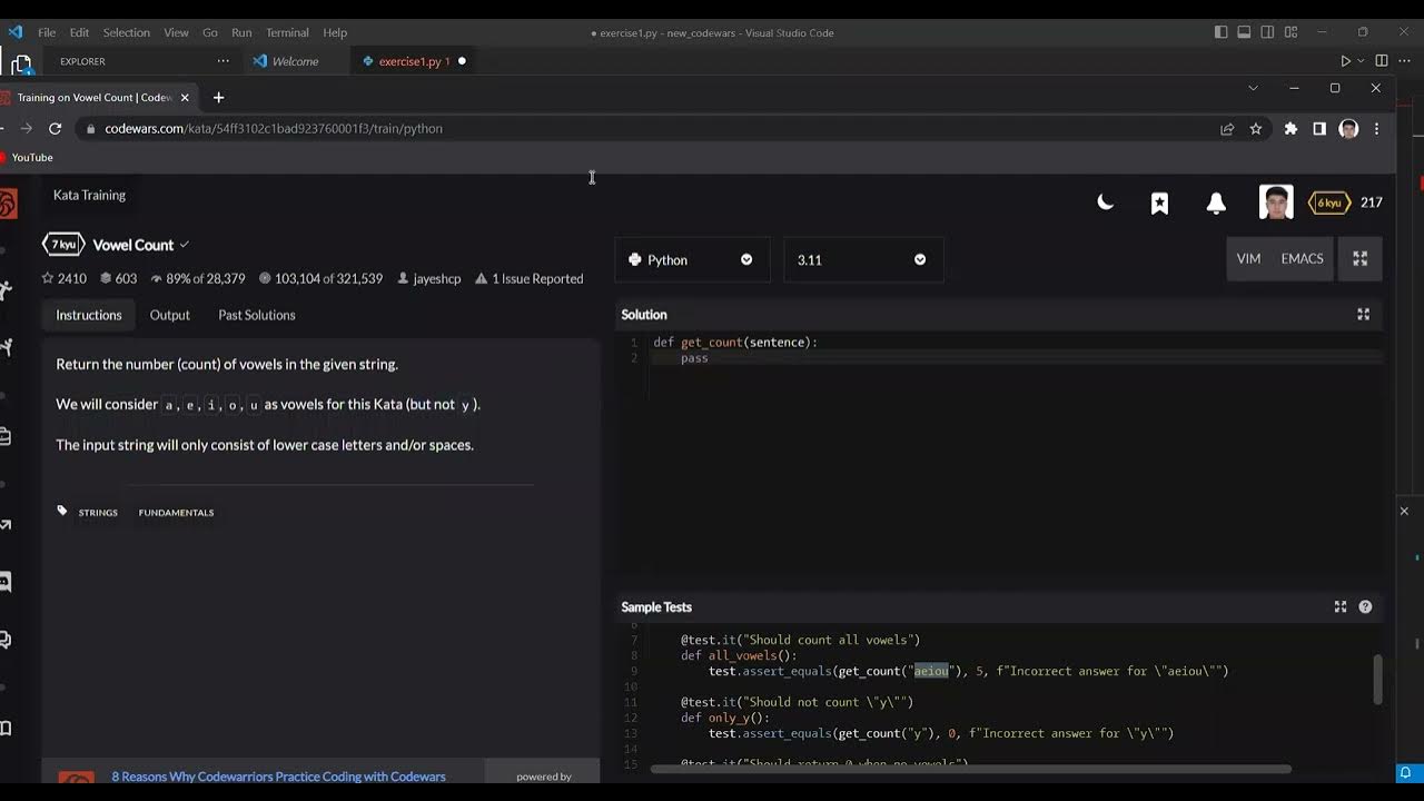 Codewars Da Masala Ishlash Kata7 Vowel Count Youtube