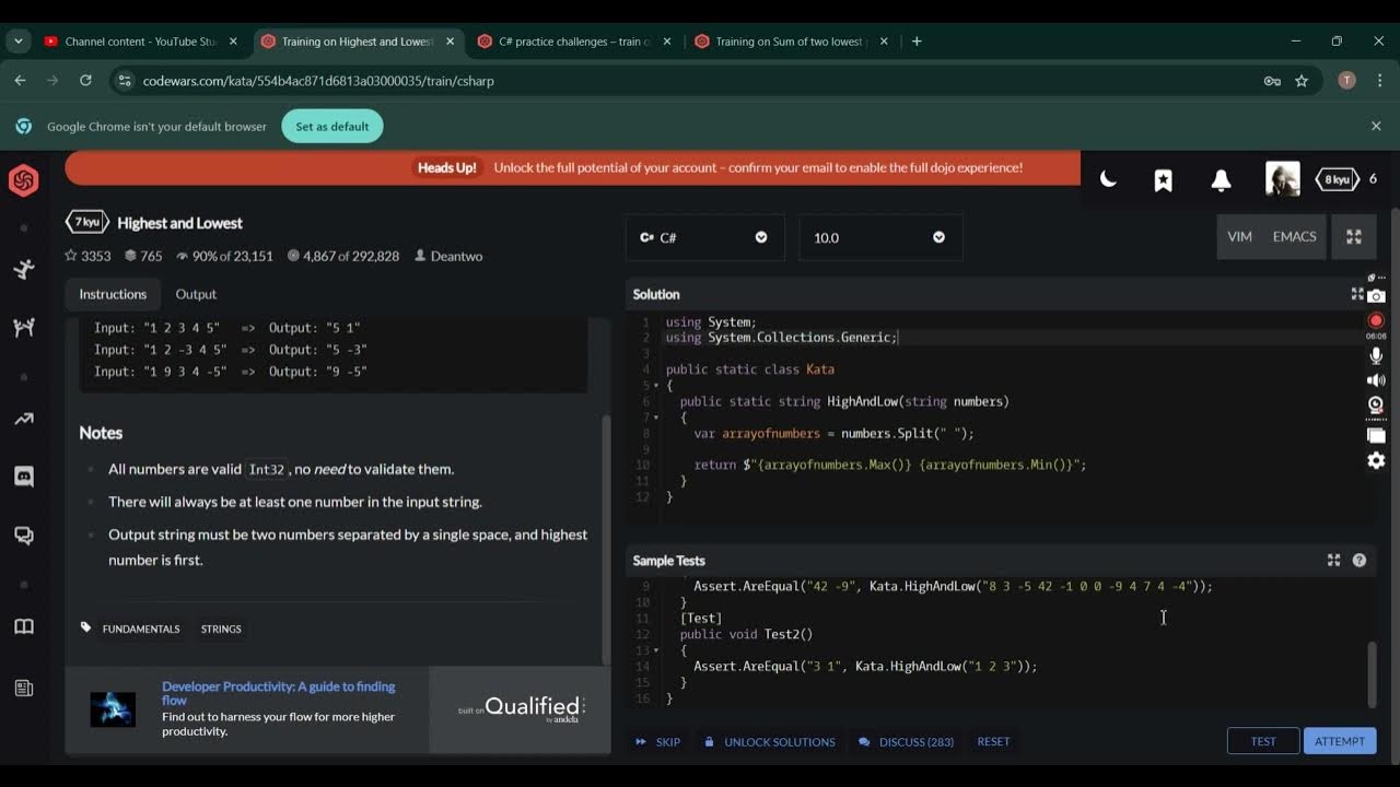 Highest and Lowest using Csharp | C# - CodeWars Kata 7 Algorithm Solution - YouTube