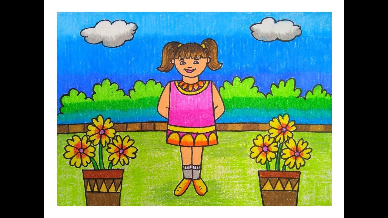 PART #2 HOW TO DRAW A GIRL IN THE GARDEN |HOW TO DRAW SCENERY DRAWING ...