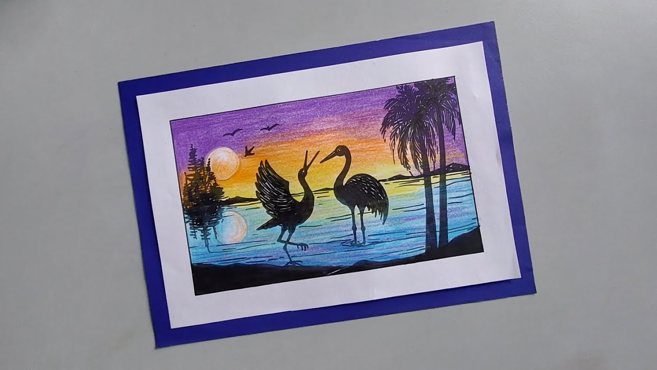 Cranes Scenery using Plastic Crayons #drawing #art - YouTube
