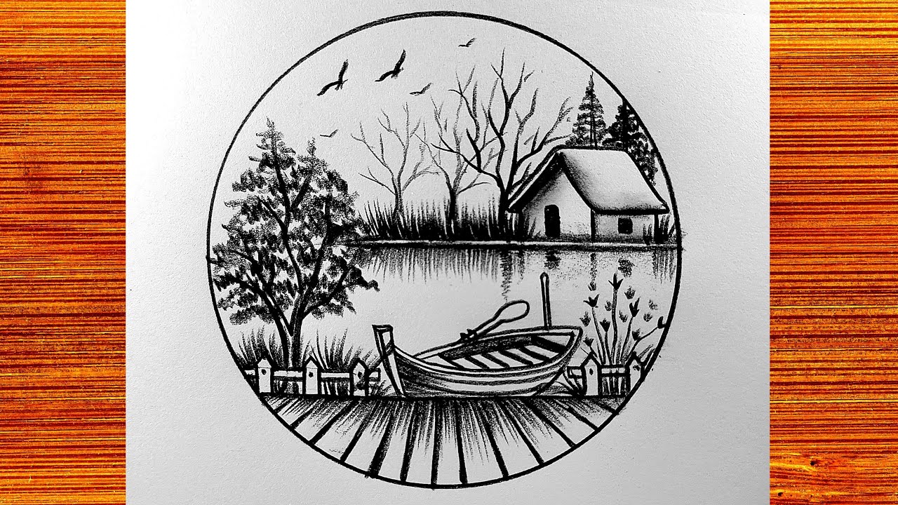 How to drawing wonderful circle scenery || Easy beautiful round scenery ...