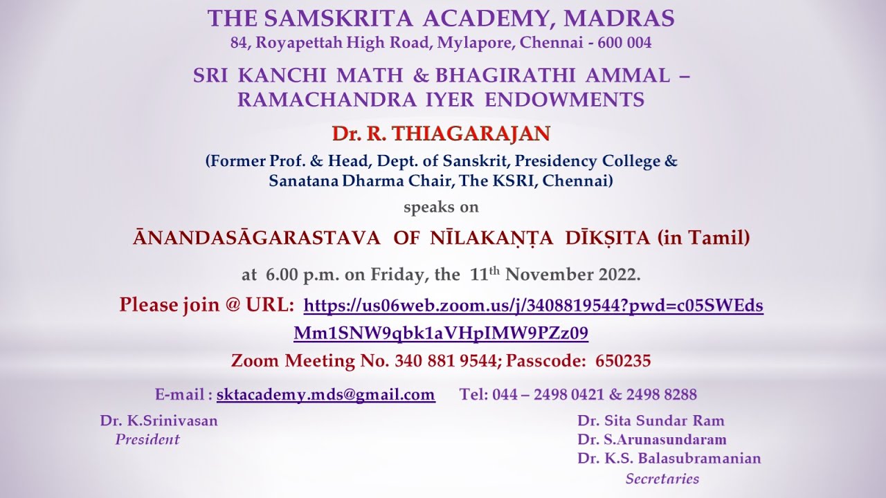 Lecture on Anandasagarastava of Nilakantha Dikshita by Dr. R ...