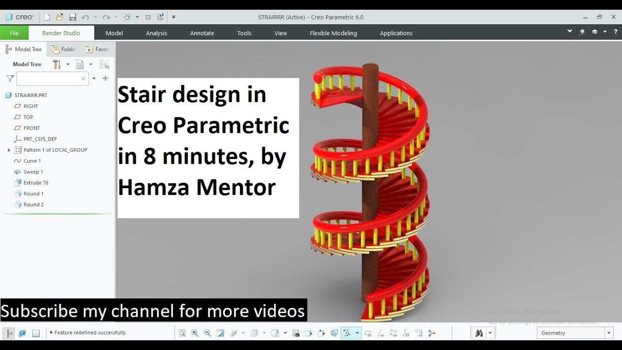 Stair design in Creo parametric full video|| stair design in just 8 ...