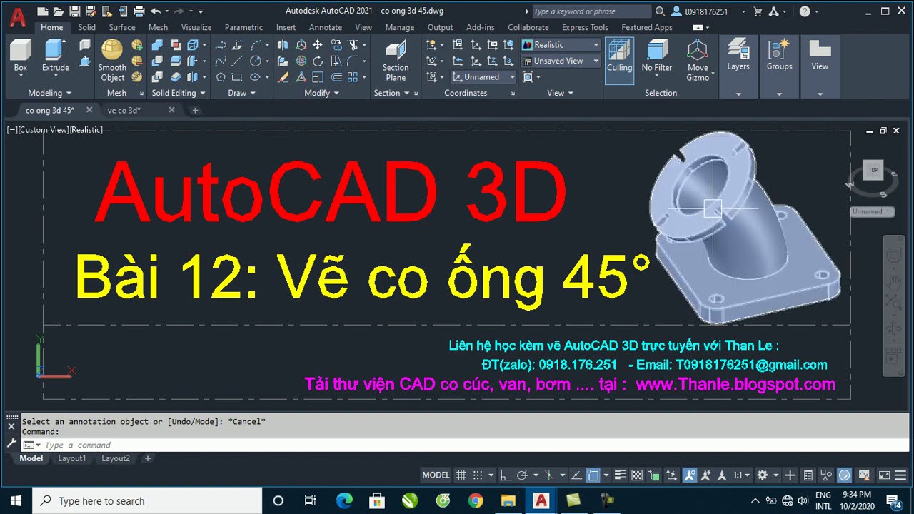 AutoCAD 3D | Bài 12: Vẽ co ống 45 độ - Draw elbow 45 degree with flange ...