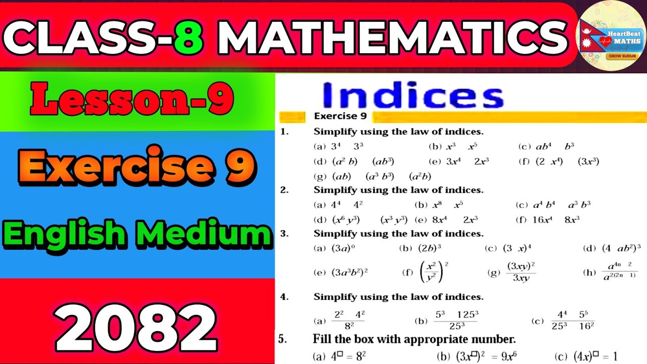 Class 8 Math Exercise 9 Answers | Class 8 Math Lesson 9 Indices Exercise 9 Solution | BLE 2082 ...