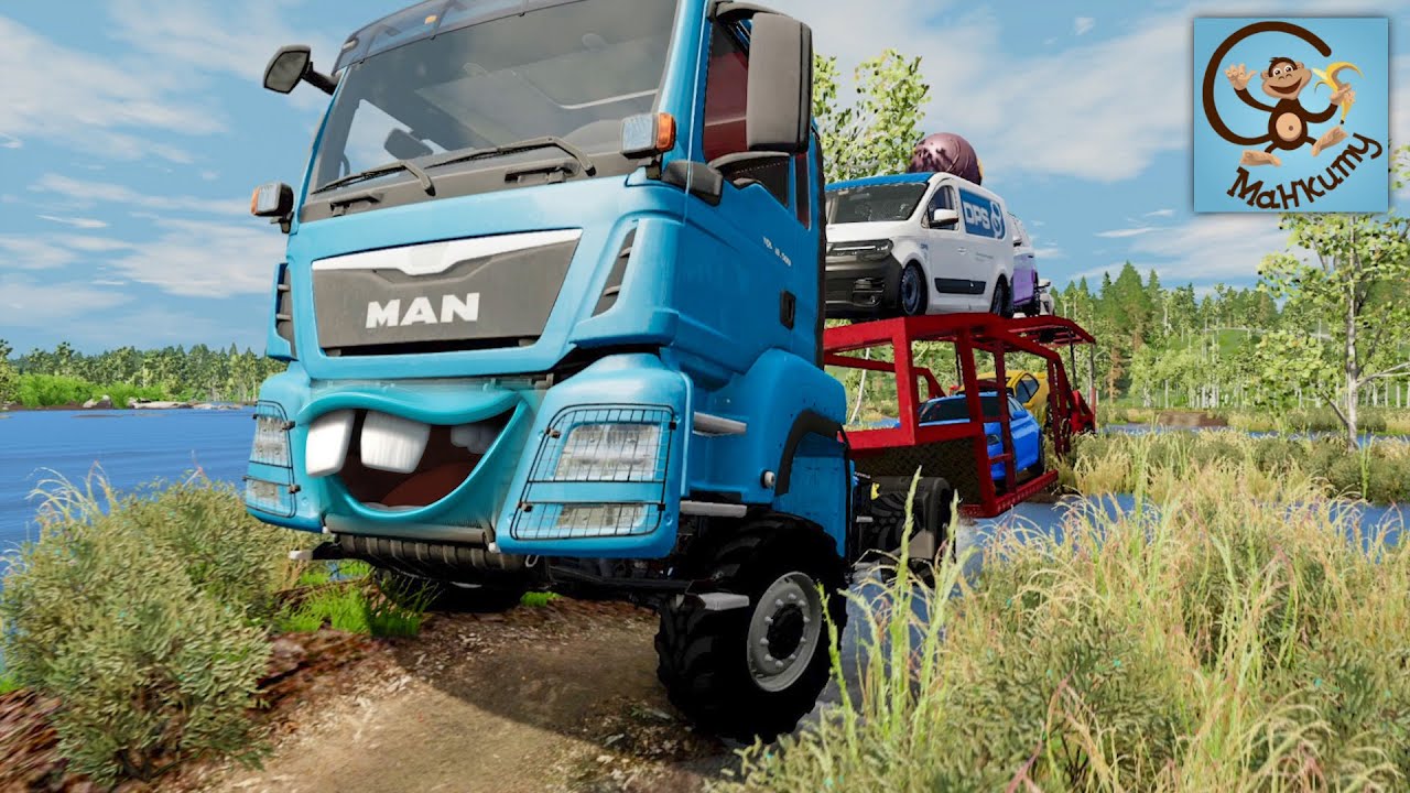 Red car transporter and blue truck. Cartoon about Cars. - YouTube