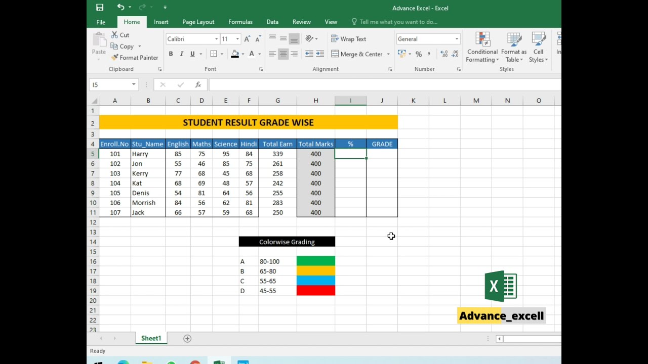 How to make Student Result with Grading in excel? Use color cell Grade ...