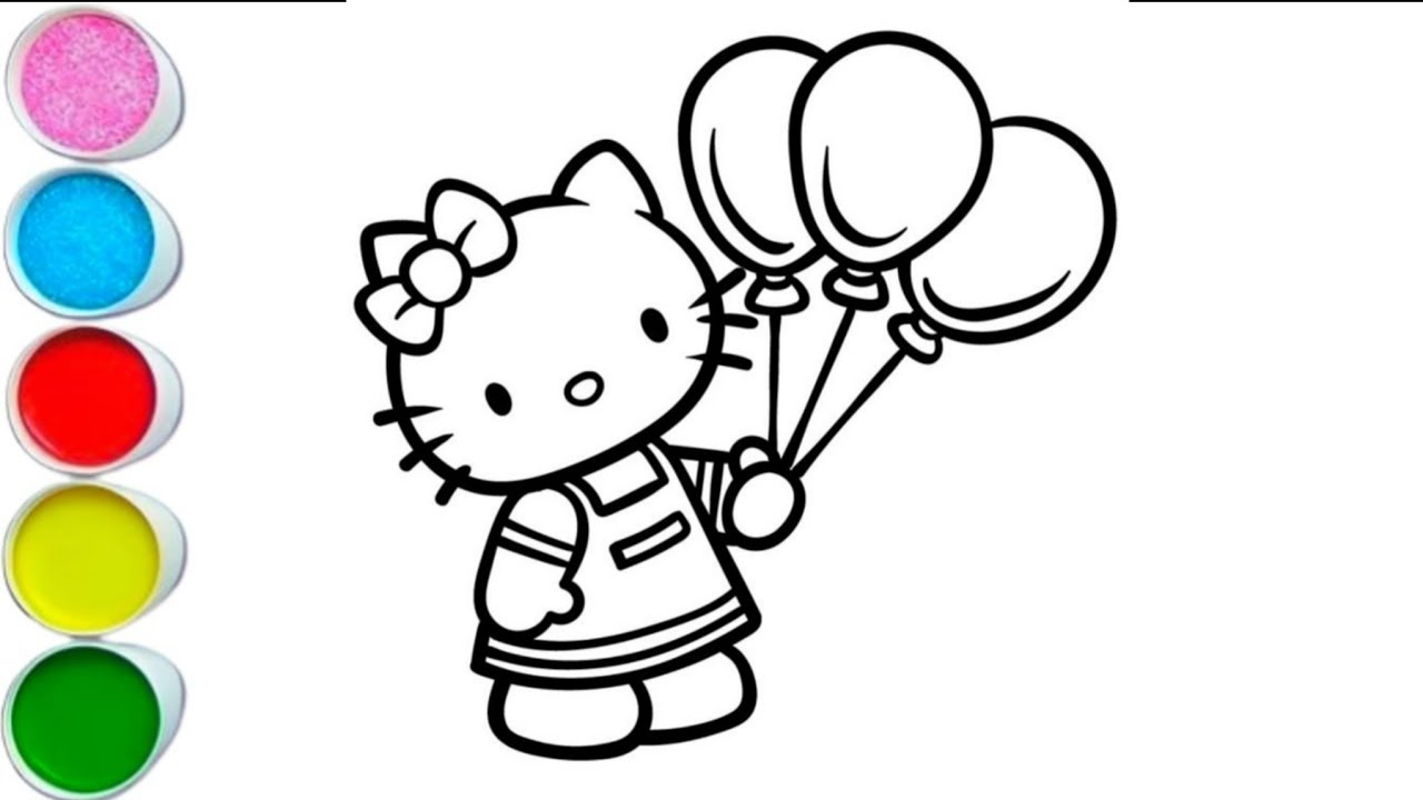 Hello, kitty holding balloons drawing painting and colouring for kids ...