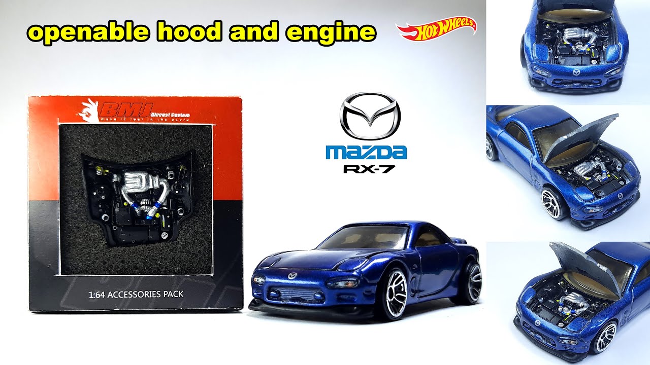 custom hotwheels mazda rx7 openable hood and engine - YouTube