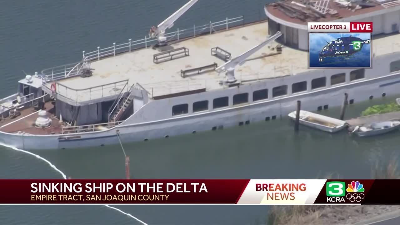 Live look at sinking ship leaking fuel in California Delta - YouTube