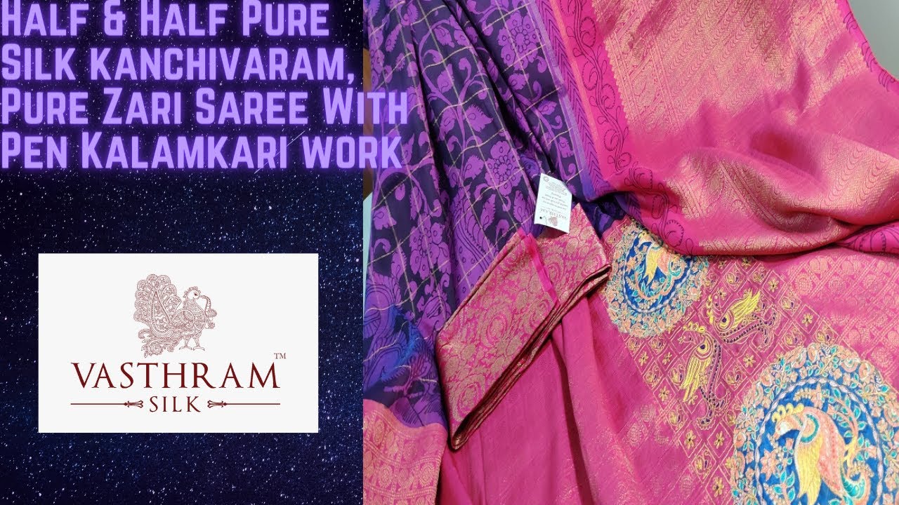 Half & Half Pure Silk Kanchivaram, pure zari Saree With pen Kalamkari ...