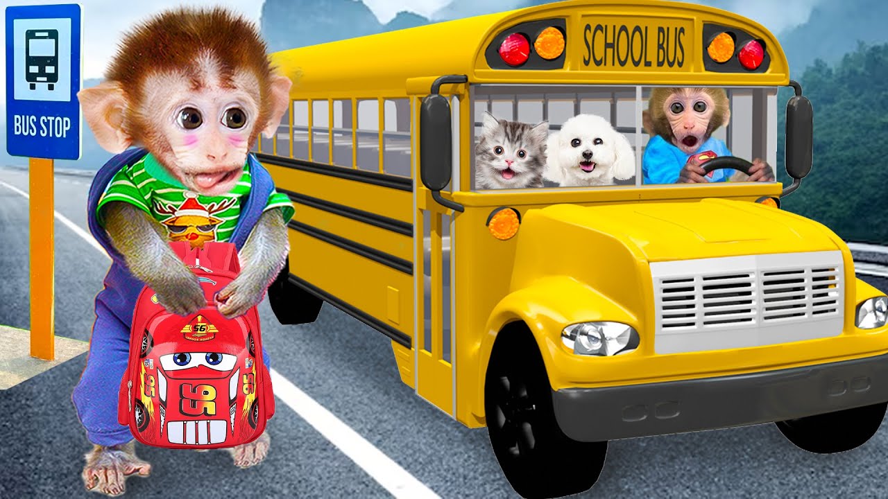 Bonbon drives the bus to pick up the baby monkey go to school - YouTube